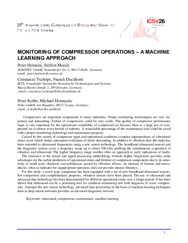 (PDF) Monitoring of Compressor Operations – a Machine Learning Approach