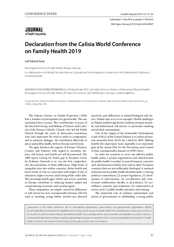 Declaration From The Calisia World Conference On Family Health 2019