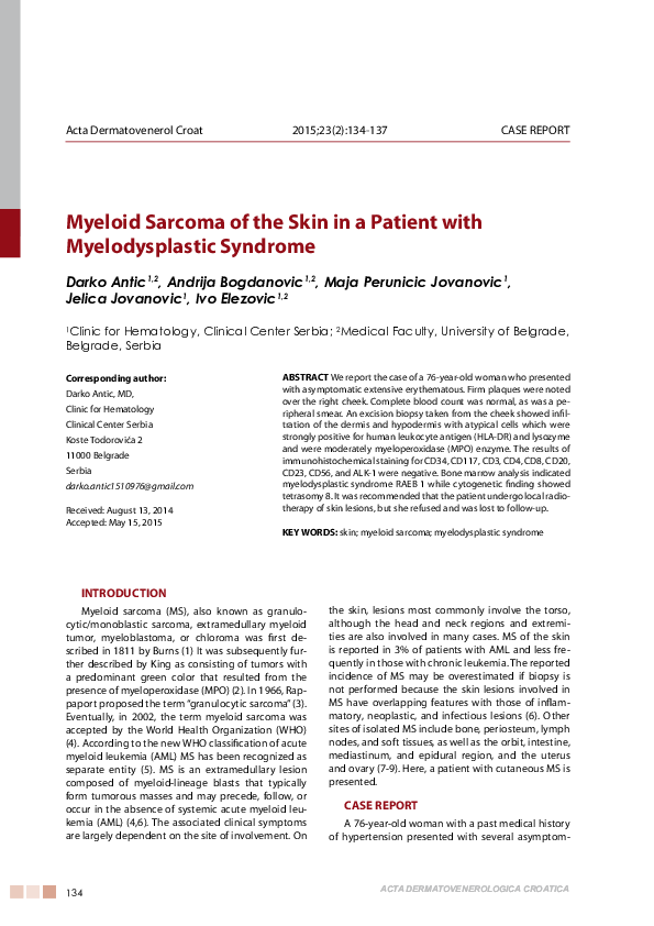 (PDF) Myeloid Sarcoma of the Skin in a Patient with Myelodysplastic ...