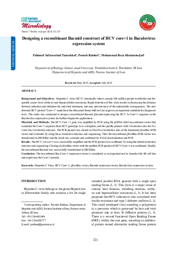 (PDF) Designing a recombinant Bacmid construct of HCV core+1 in ...