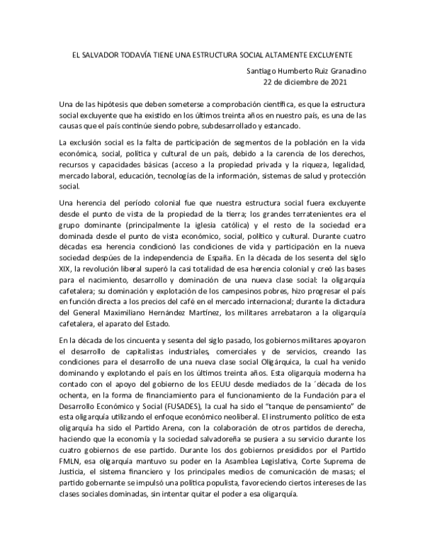 (DOC) EL SALVADOR TODAVÍA TIENE UNA ESTRUCTURA SOCIAL ALTAMENTE EXCLUYENTE