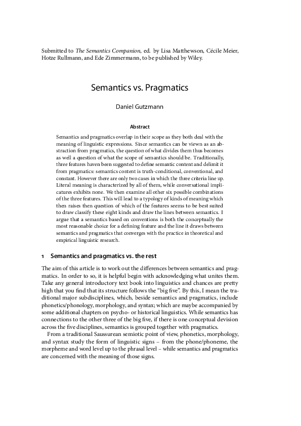 (PDF) Semantics vs. Pragmatics