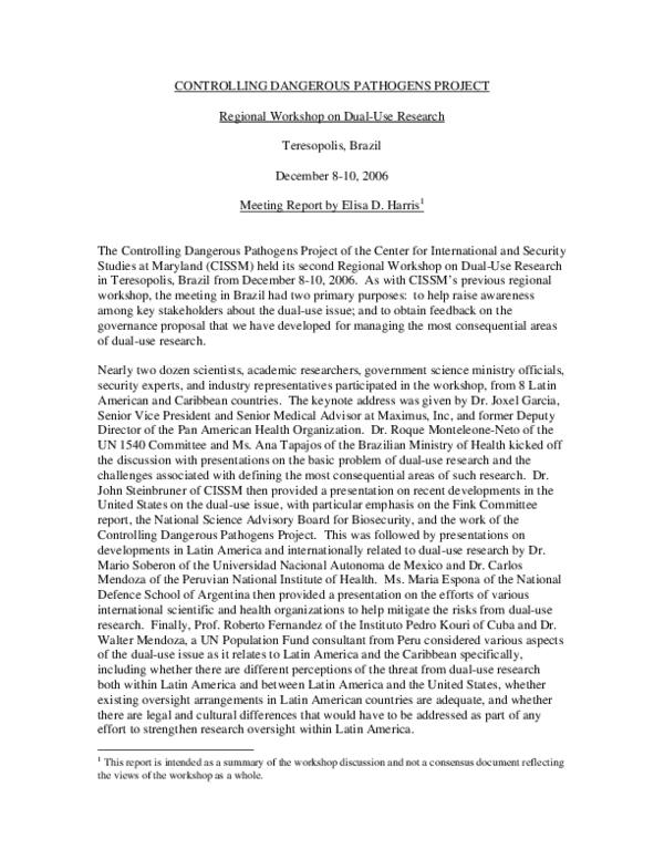 (PDF) Controlling Dangerous Pathogens Project Regional Workshop on Dual ...