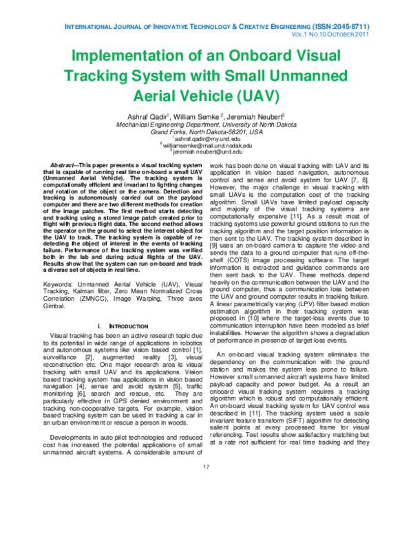 Pdf Implementation Of An Onboard Visual Tracking System With Small Unmanned Aerial Vehicle Uav