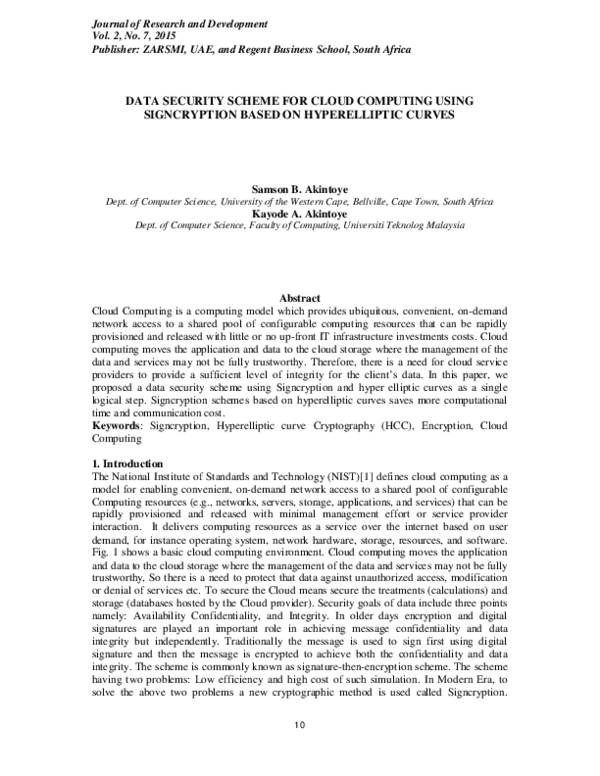(PDF) Data Security Scheme for Cloud Computing Using Signcryption Based on Hyperelliptic Curves