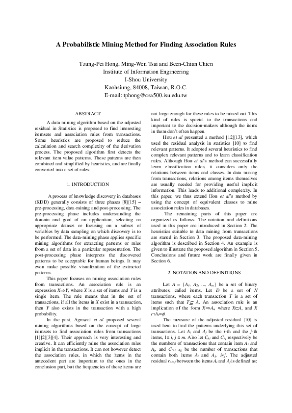 (PDF) A Probabilistic Mining Method for Finding Association Rules