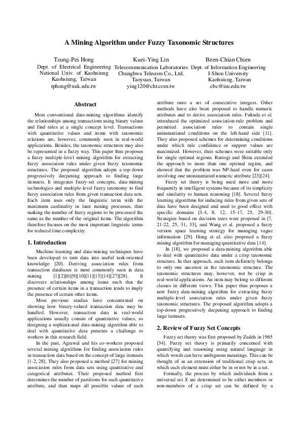 Pdf A Mining Algorithm Under Fuzzy Taxonomic Structures