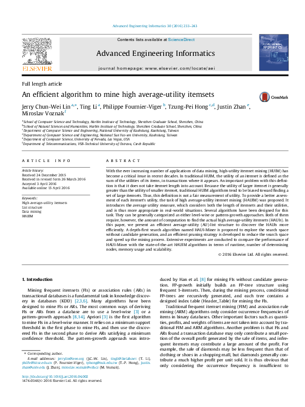 Pdf An Efficient Algorithm To Mine High Average Utility Itemsets