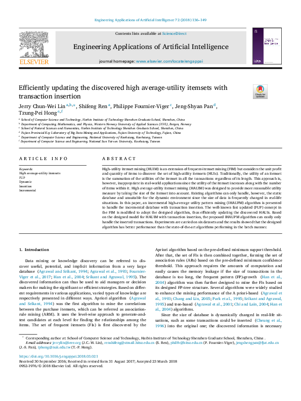 Pdf Efficiently Updating The Discovered High Average Utility Itemsets With Transaction Insertion