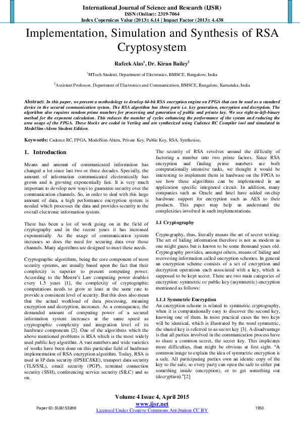 (PDF) Implementation , Simulation and Synthesis of RSA Cryptosystem