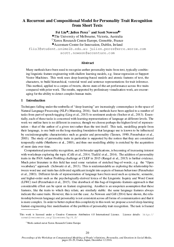 Pdf A Recurrent And Compositional Model For Personality Trait Recognition From Short Texts