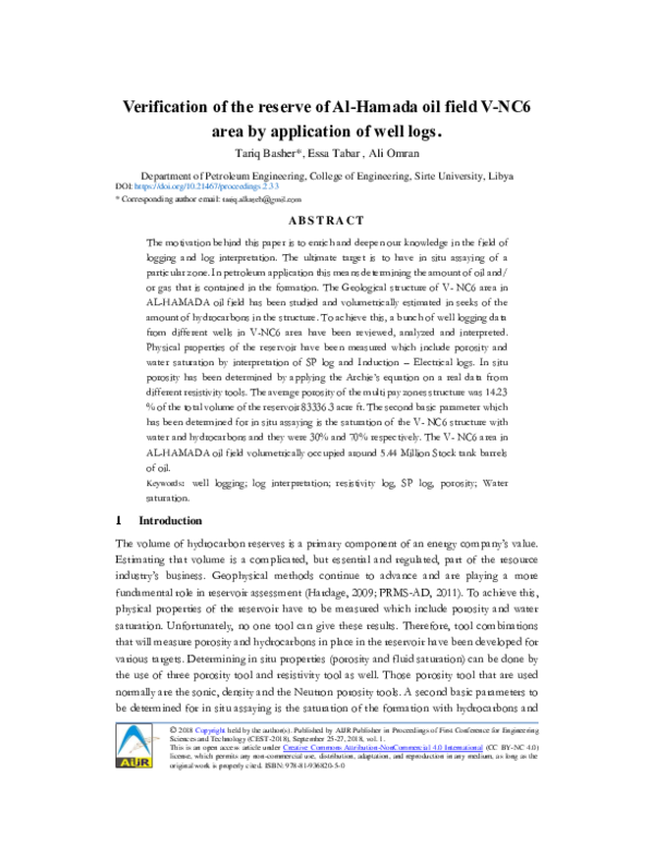 (PDF) Verification Of The Reserve Of Al-Hamada Oil Field V-NC6 Area By ...