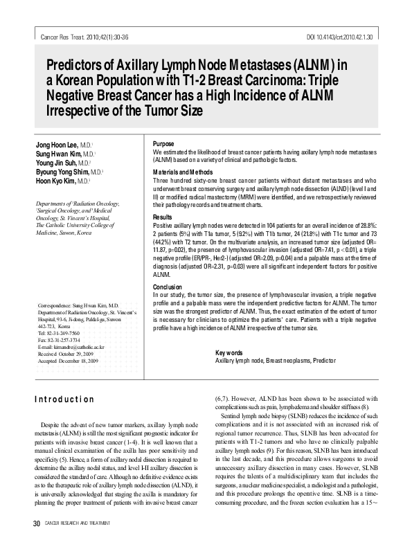 (PDF) Predictors of Axillary Lymph Node Metastases (ALNM) in a Korean ...