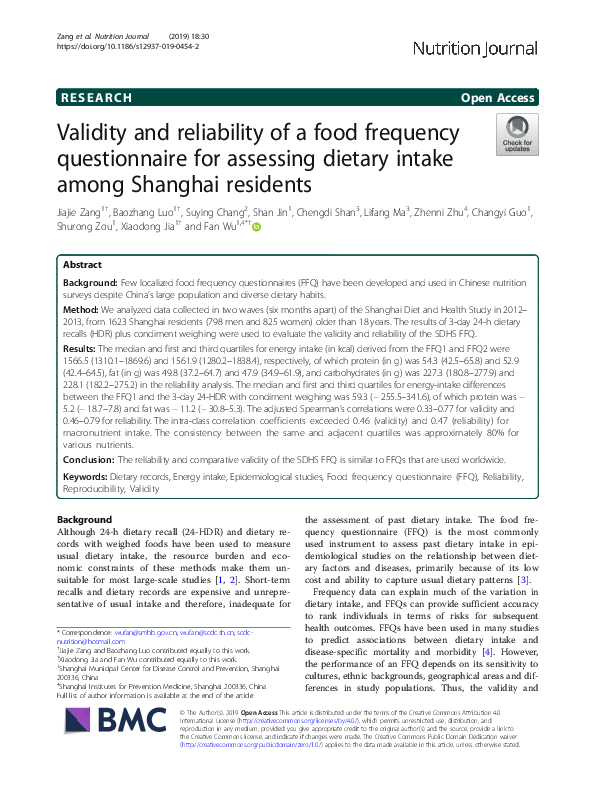 (PDF) Validity and reliability of a food frequency questionnaire for ...