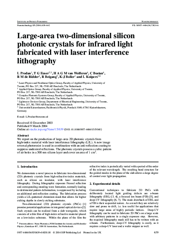 (PDF) Large-area two-dimensional silicon photonic crystals for infrared light fabricated with ...