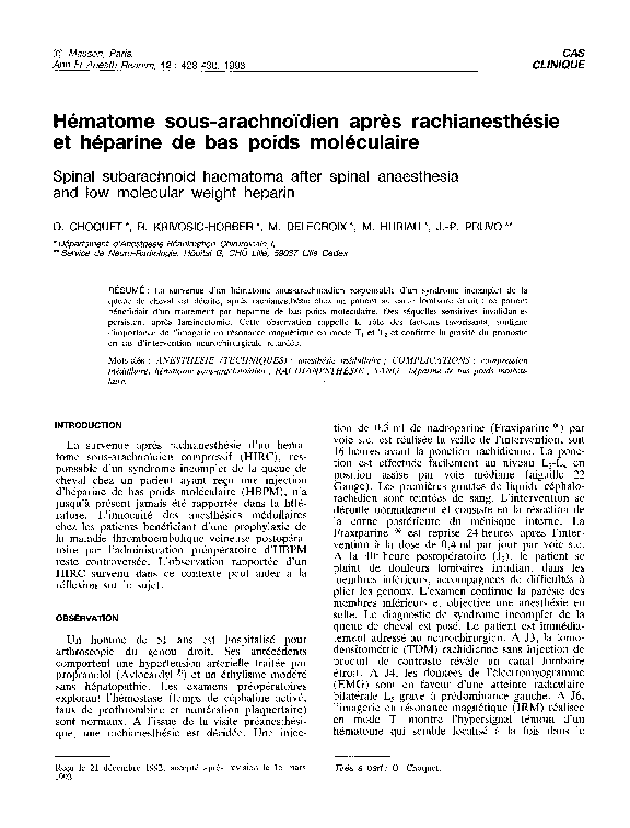 (PDF) Hématome sous-arachnoïden après rachianesthésie et héparine de ...