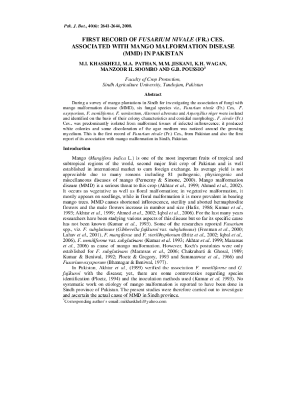 (PDF) First Record of Fusarium Nivale (FR.) Ces. Associated with Mango ...