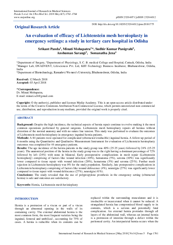 (PDF) An evaluation of efficacy of Lichtenstein mesh hernioplasty in ...