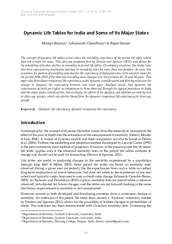 (PDF) Dynamic Life Tables for India and Some of Its Major States