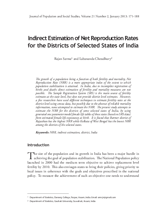 (PDF) Indirect Estimation of Net Reproduction Rates for the Districts ...