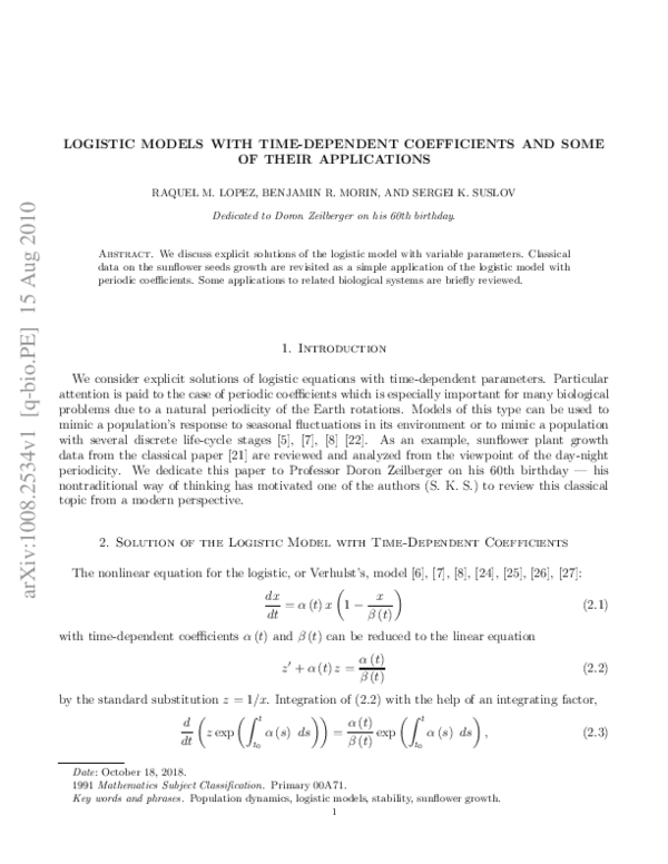 Pdf Logistic Models With Time Dependent Coefficients And Some Of Their Applications
