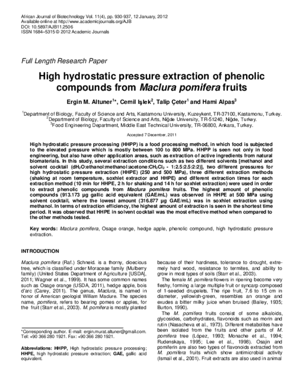 (PDF) High hydrostatic pressure extraction of phenolic compounds from ...