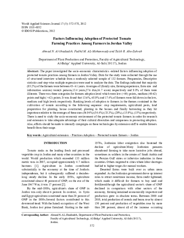 (PDF) Factors Influencing Adoption of Protected Tomato Farming Practices Among Farmers in Jordan ...