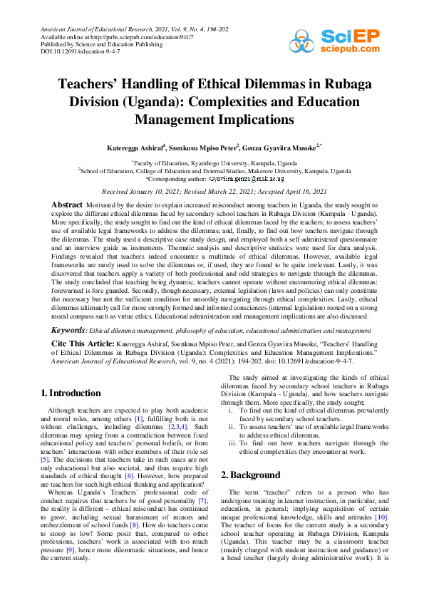 (PDF) Teachers’ Handling of Ethical Dilemmas in Rubaga Division (Uganda ...