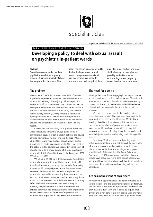 (PDF) Developing a policy to deal with sexual assault on psychiatric in ...