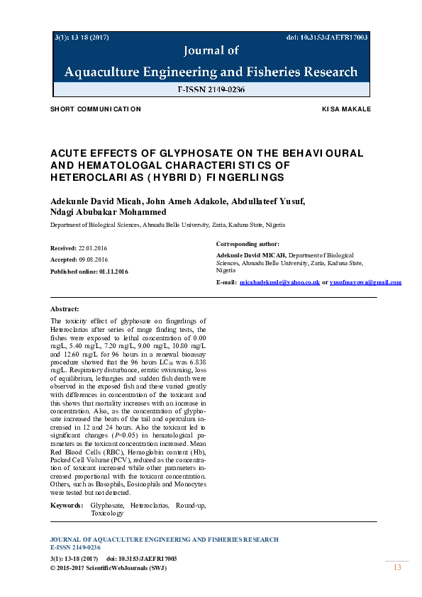 (PDF) Acute Effects of Glyphosate on the Behavioural and Hematologal ...
