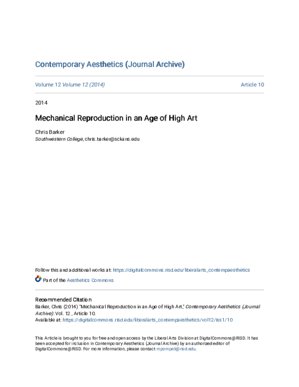 (PDF) Mechanical Reproduction in an Age of High Art