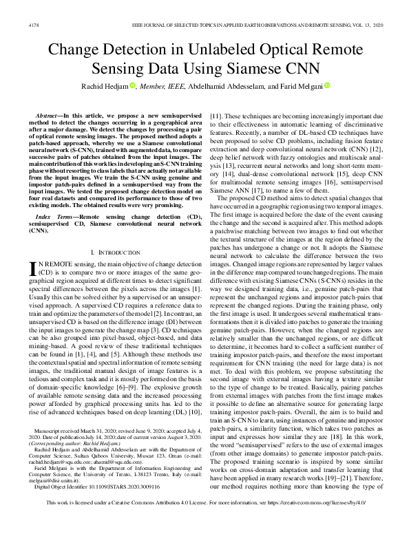 (PDF) Change Detection in Unlabeled Optical Remote Sensing Data Using Siamese CNN