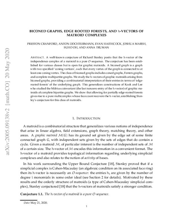 (PDF) Biconed graphs, edge-rooted forests, and h-vectors of matroid complexes