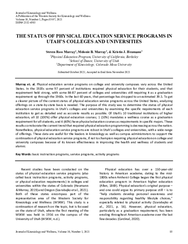 (PDF) THE STATUS OF PHYSICAL EDUCATION SERVICE PROGRAMS IN UTAH'S ...