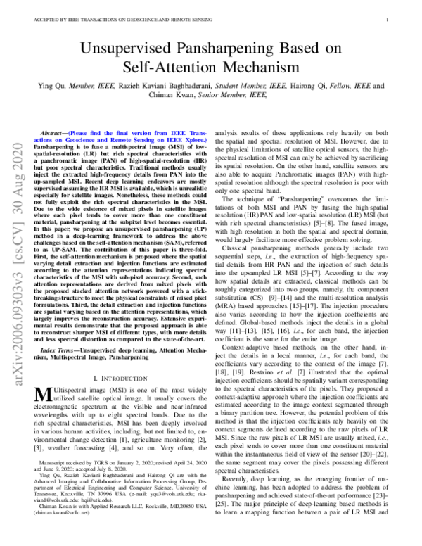 (PDF) Unsupervised Pansharpening Based on Self-Attention Mechanism (PDF) Unsupervised Pansharpening Based on Self-Attention Mechanism