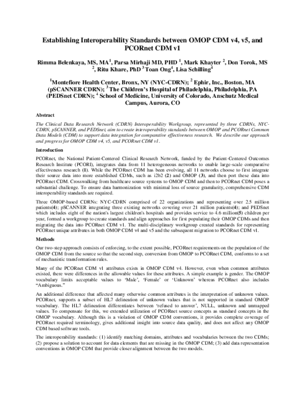 (PDF) Establishing Interoperability Standards between OMOP CDM v4, v5 ...