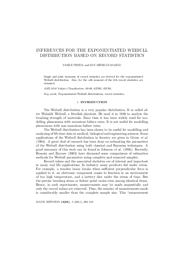 (PDF) Inferences for the Exponentiated Weibull Distribution Based on Record Statistics