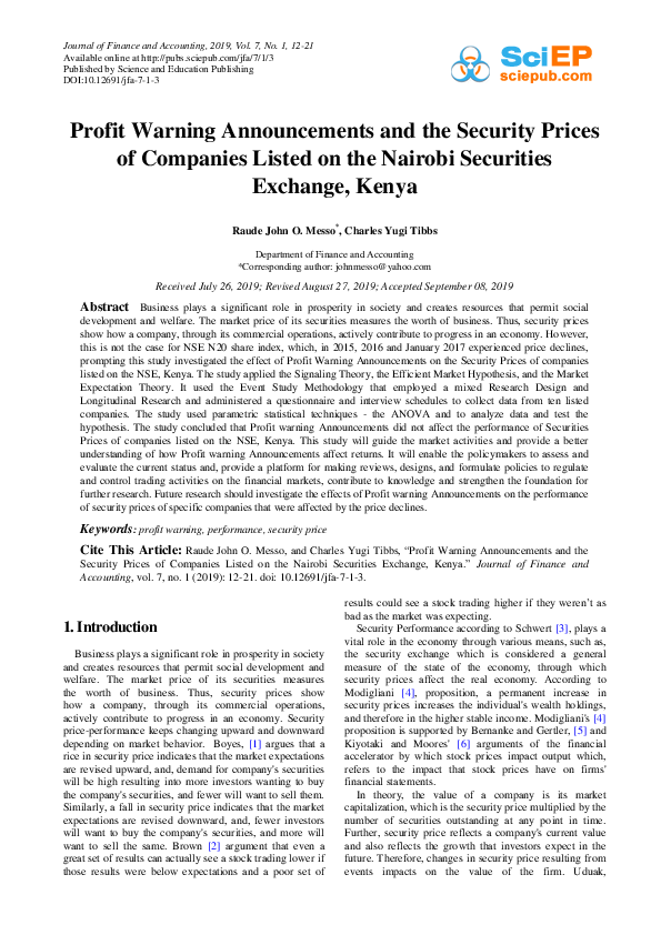 (PDF) Profit Warning Announcements and the Security Prices of Companies ...