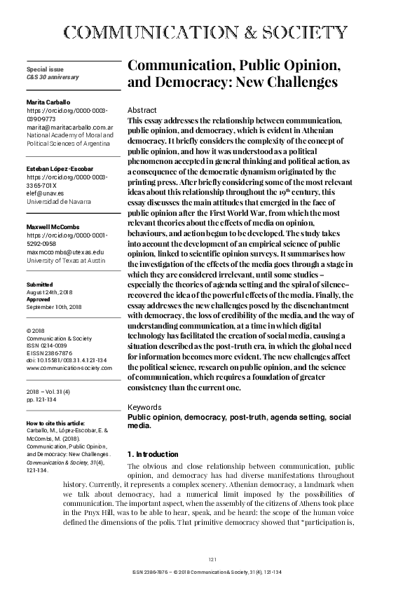 (PDF) Communication, Public Opinion, and Democracy: New Challenges