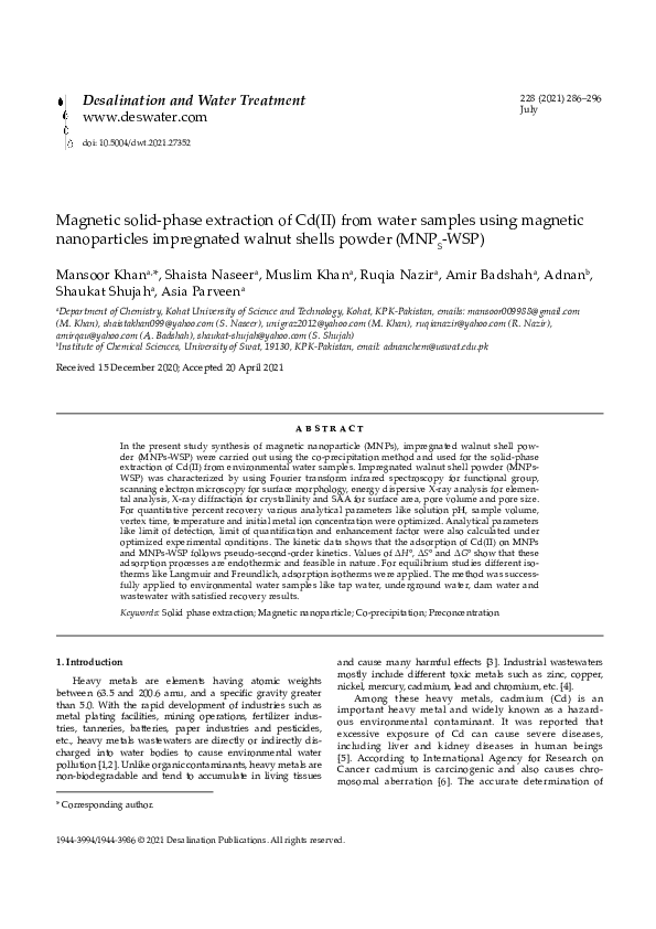 (PDF) Magnetic solid-phase extraction of Cd(II) from water samples using magnetic nanoparticles ...