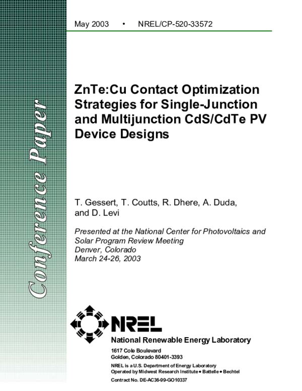 (PDF) ZnTe: Cu Contact Optimization Strategies for Single-Junction and Multijunction CdS/CdTe PV ...