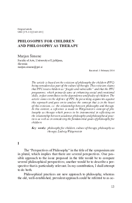 (PDF) PHILOSOPHY FOR CHILDREN AND PHILOSOPHY AS THERAPY