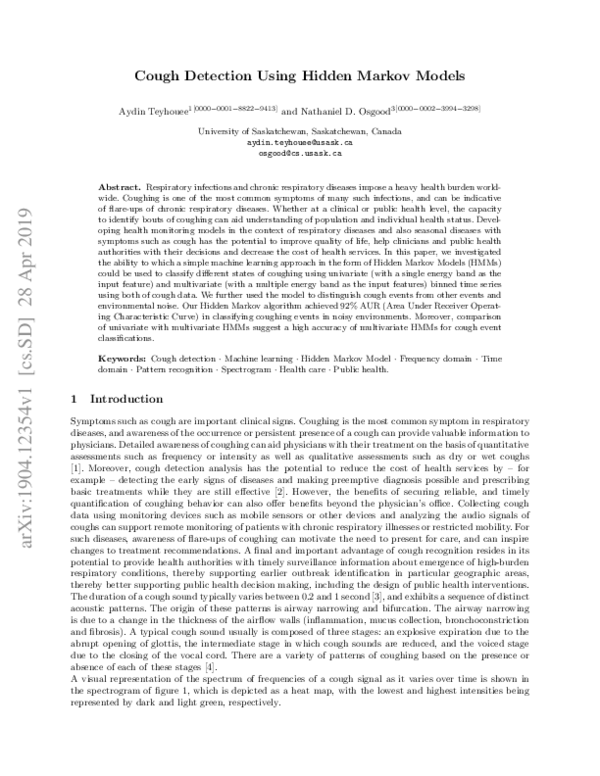 (PDF) Cough Detection Using Hidden Markov Models