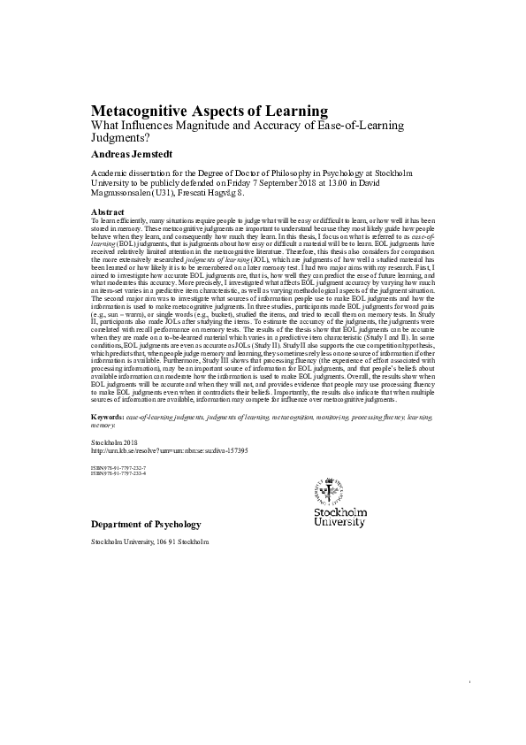 (PDF) Metacognitive Aspects of Learning : What Influences Magnitude and Accuracy of Ease-of ...