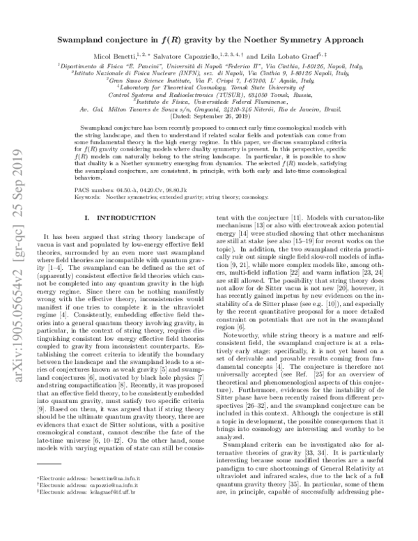 (PDF) Swampland conjecture in f(R) gravity by the Noether symmetry approach