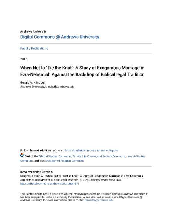 (PDF) When Not to "Tie the Knot”: A Study of Exogamous Marriage in Ezra ...