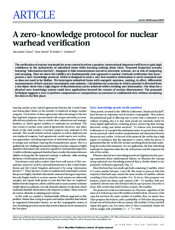 (PDF) A Zero Knowledge Protocol For Nuclear Warhead Verification
