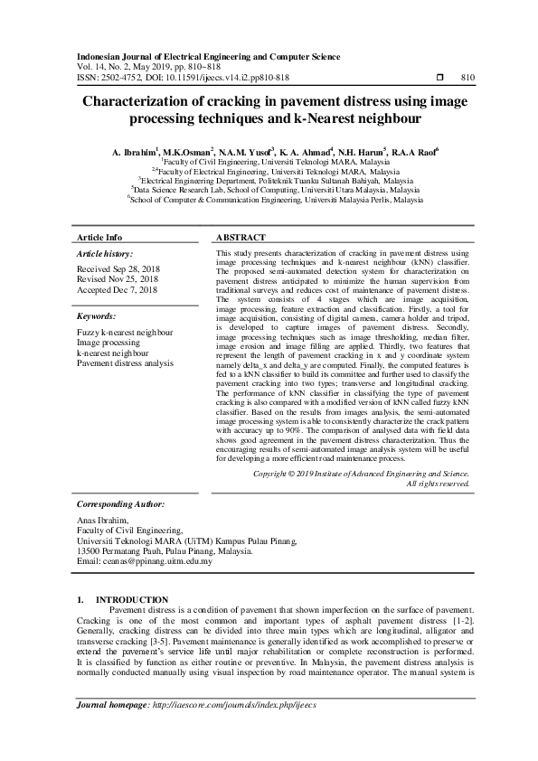(PDF) Characterization of cracking in pavement distress using image processing techniques and k ...