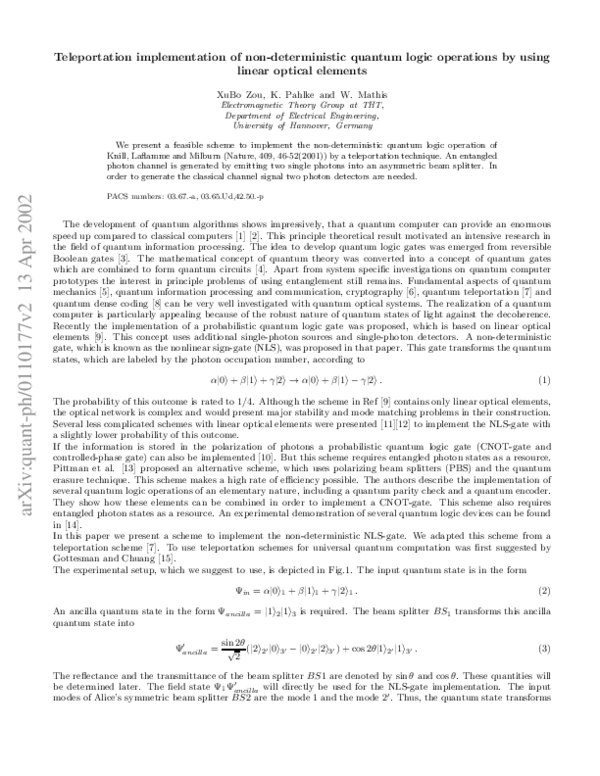 (PDF) Teleportation implementation of nondeterministic quantum logic operations by using linear ...