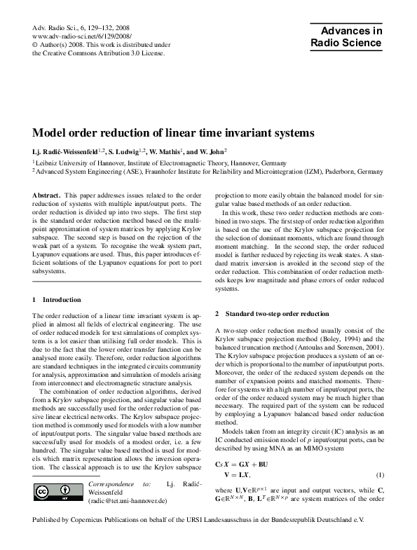 Pdf Model Order Reduction Of Linear Time Invariant Systems